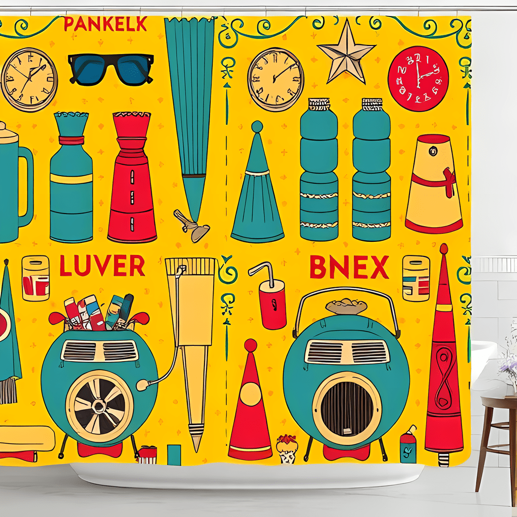 Vibrant Yellow Retro Shower Curtain with Whimsical Patterns of Clocks ...