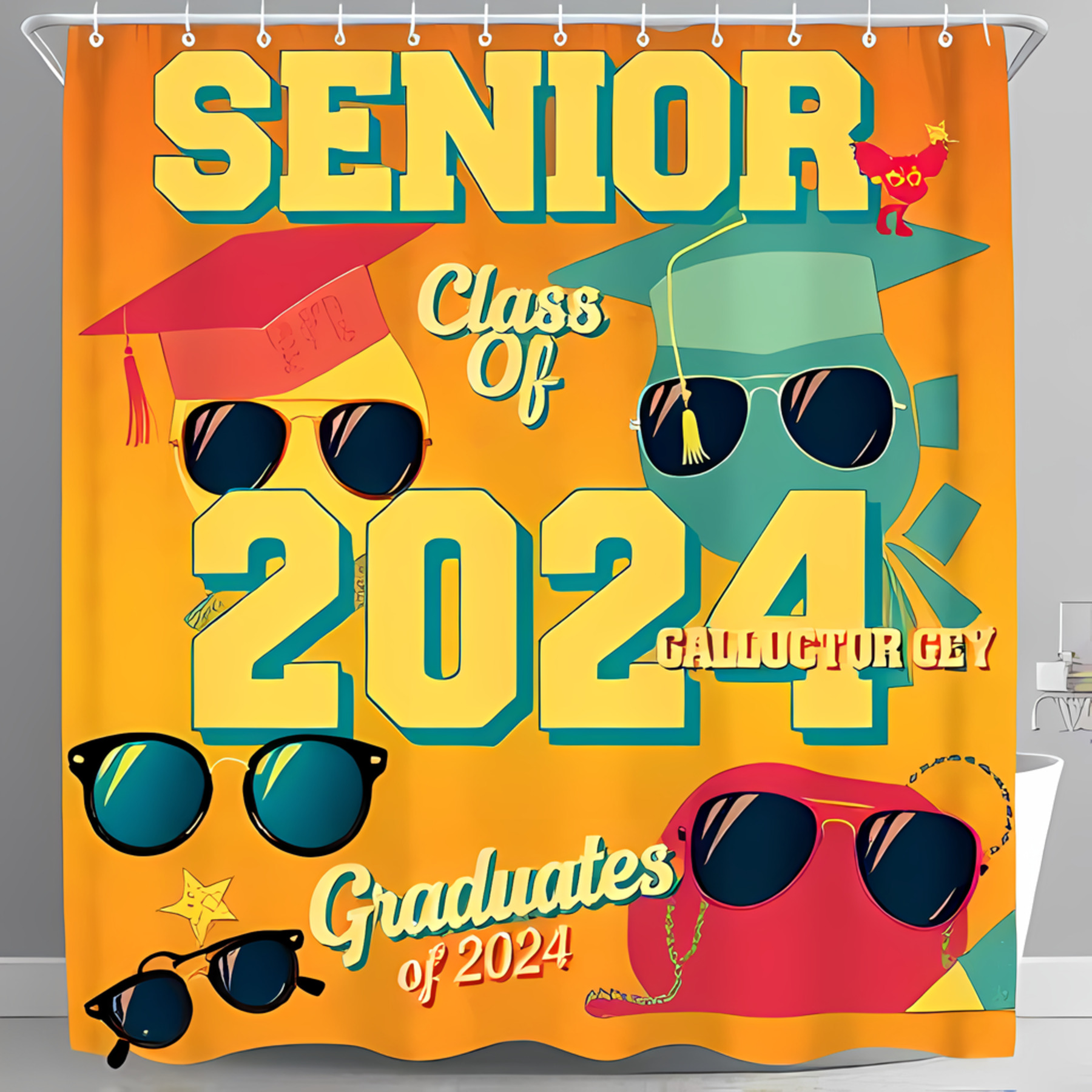 Vibrant Yellow Shower Curtain for Graduating Class of 2024 - Retro ...