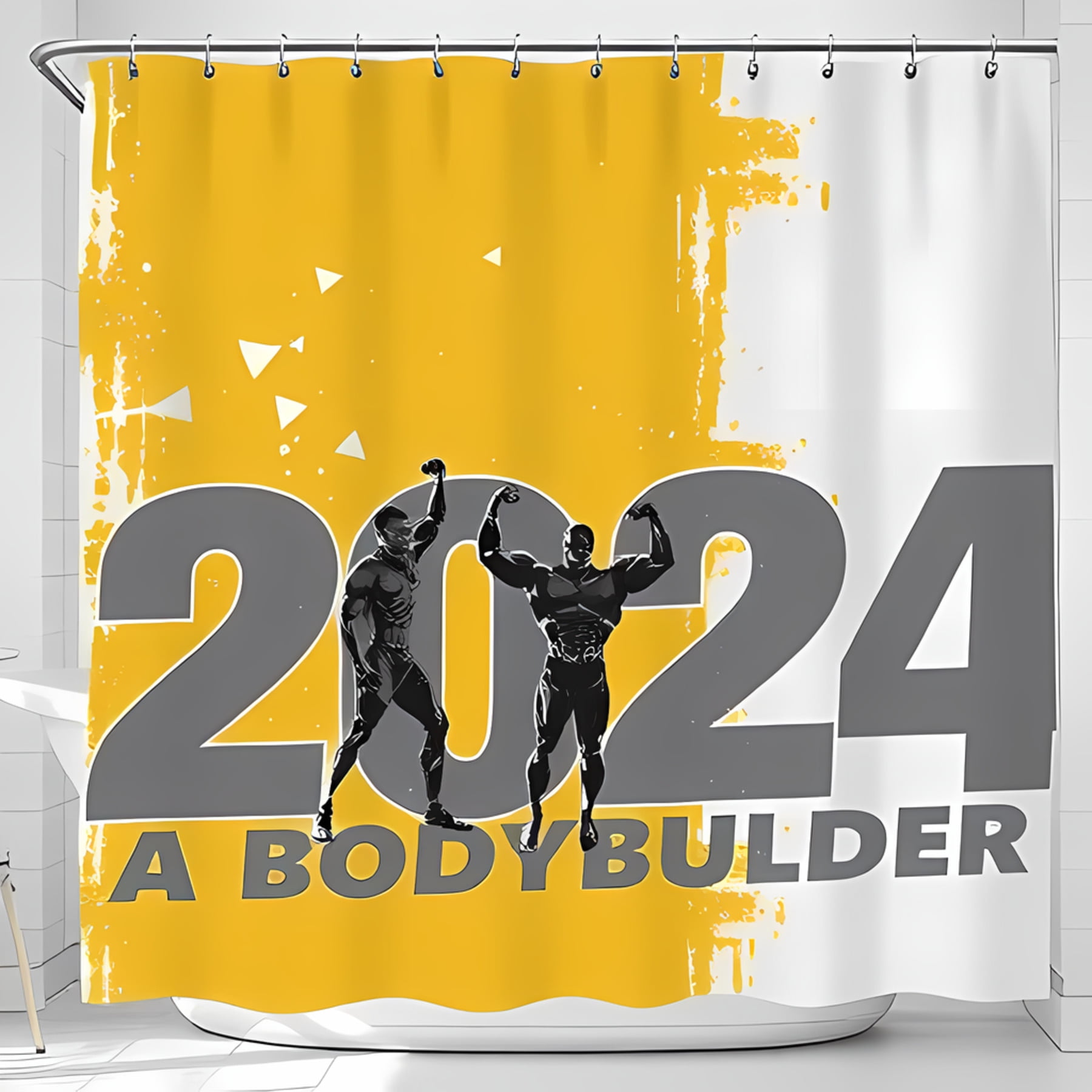 Vibrant Yellow & White Shower Curtain with '2024 A BODYBUILDER' Design ...