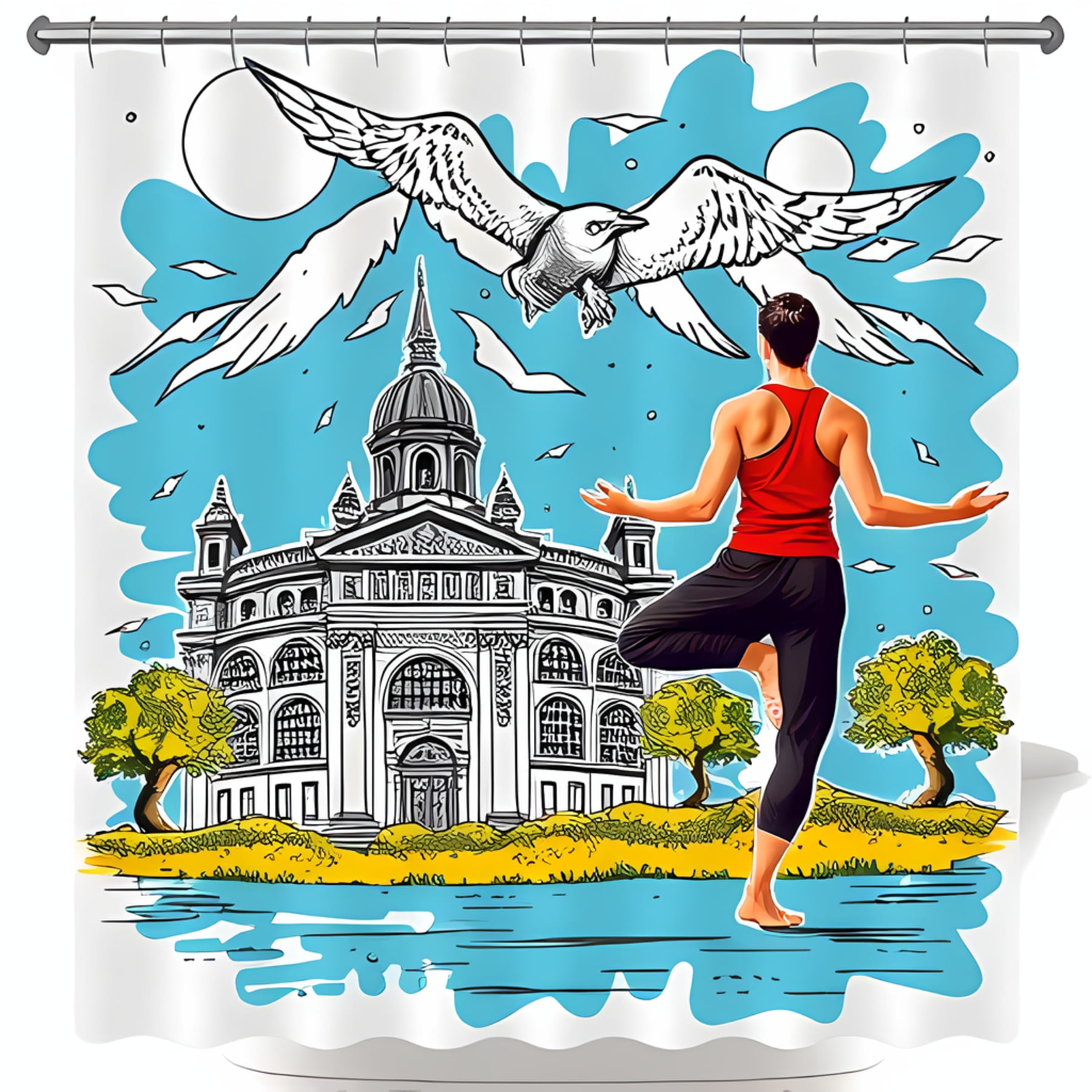 Vibrant Yoga Tree Pose Shower Curtain with Architectural Masterpiece ...