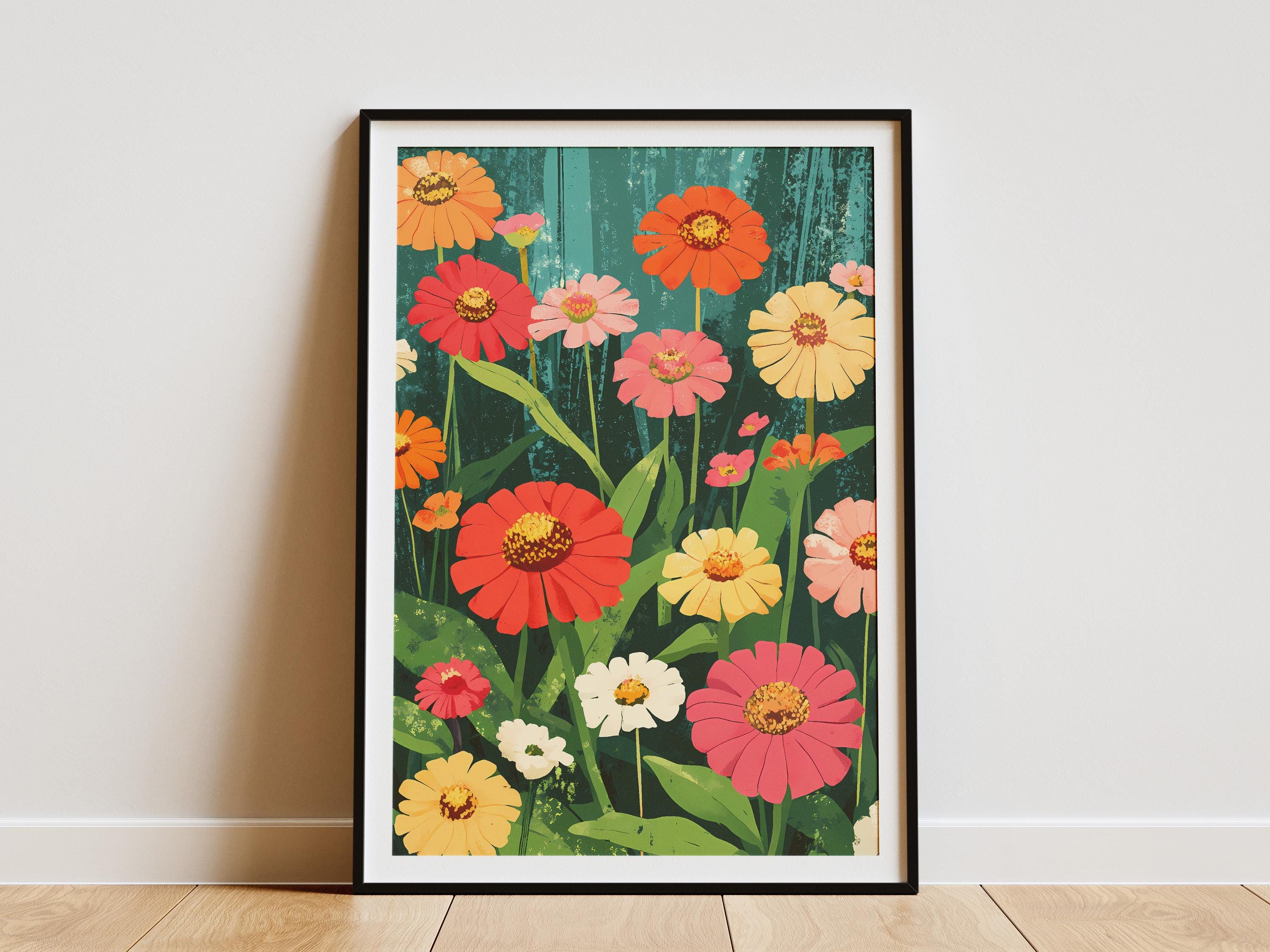 Vibrant Zinnia Garden Botanical Floral Art Print Poster Home Decor ...