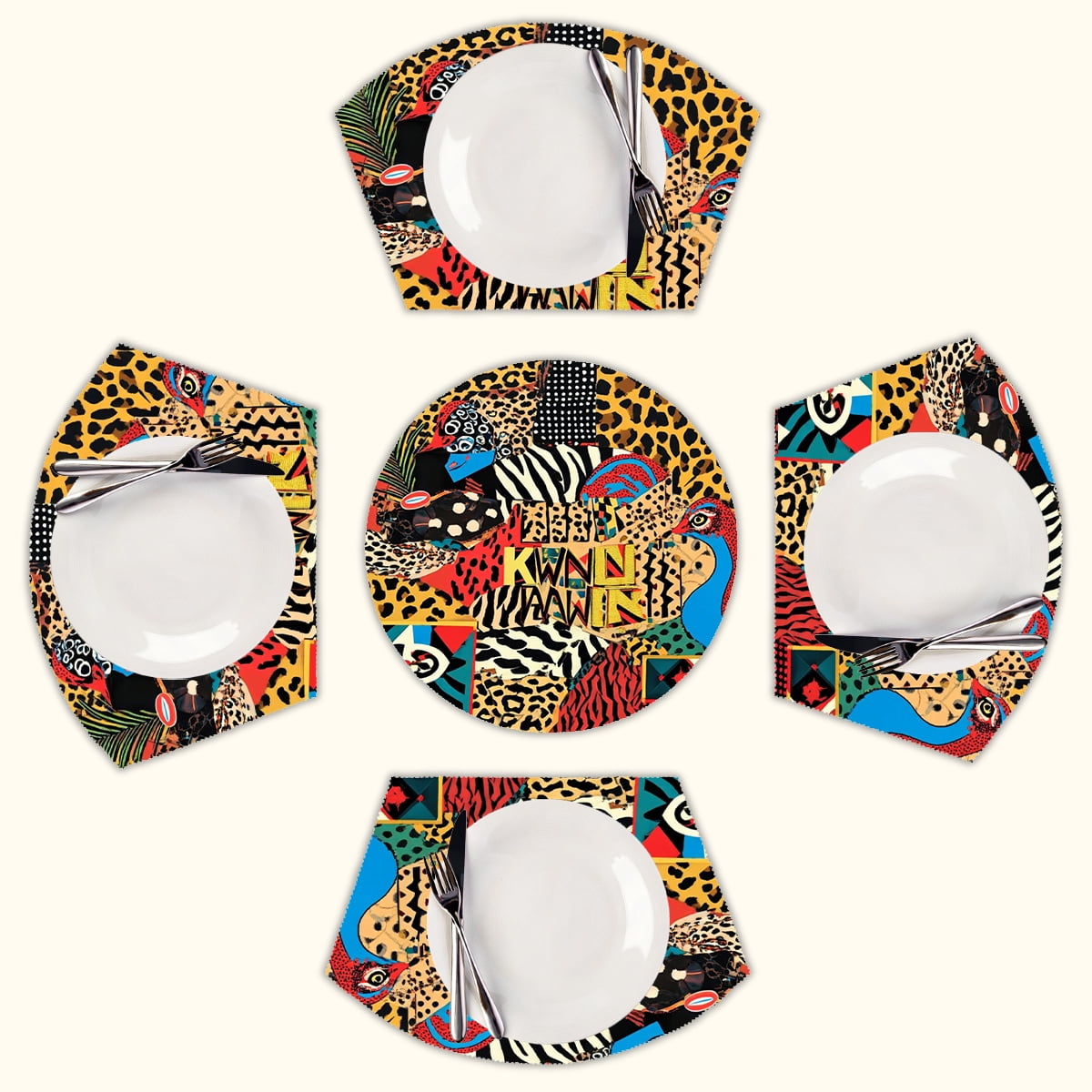 Vibrant animal print collage art Round Table Placemats Set Of 5 Wedge ...