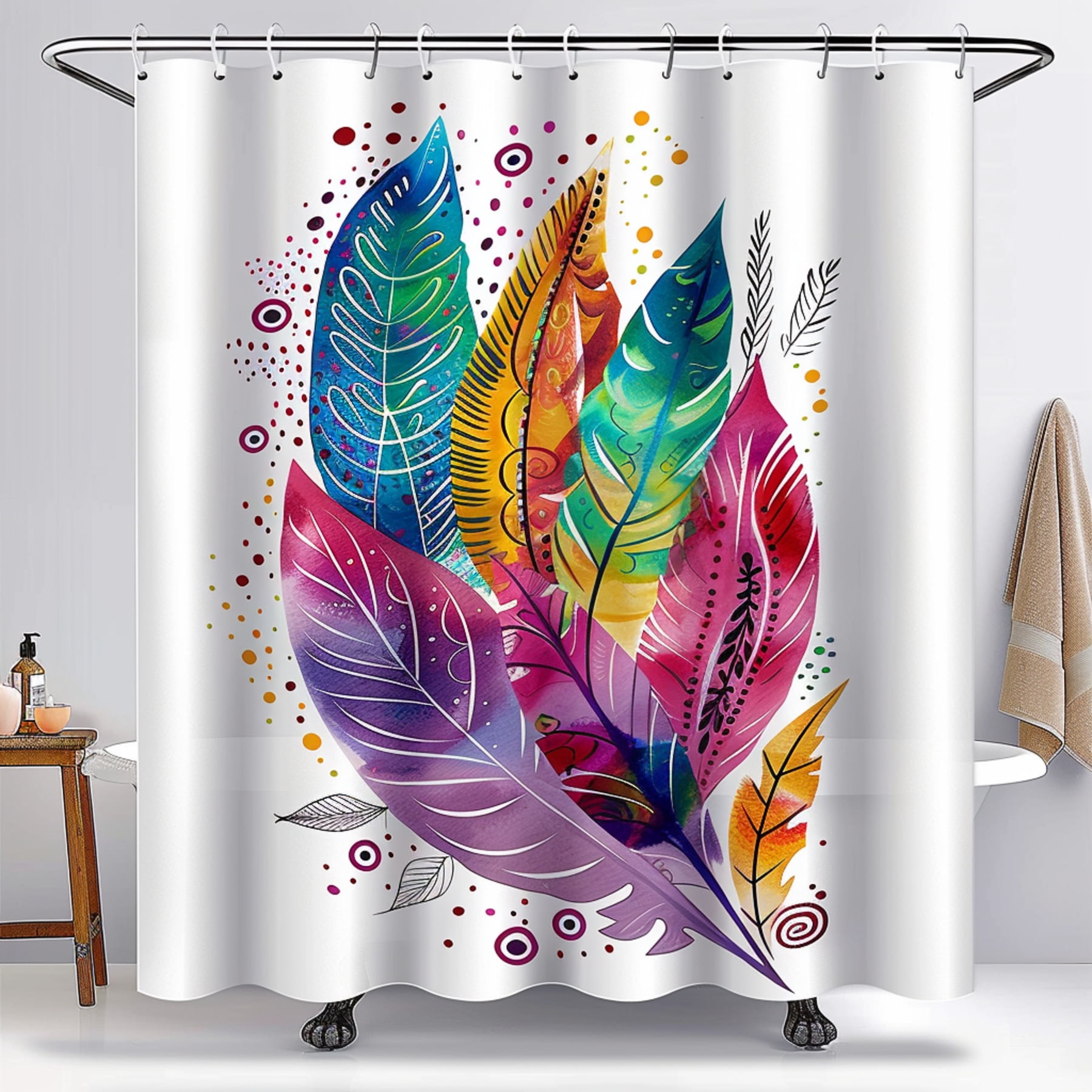 Vibrant boho feather design on white background creates a joyful ...