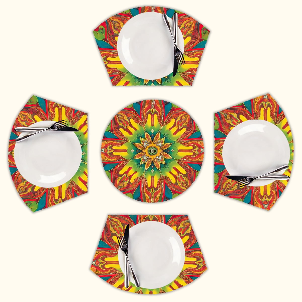 Vibrant colorful psychedelic mandala art Round Table Placemats Set Of 5 ...
