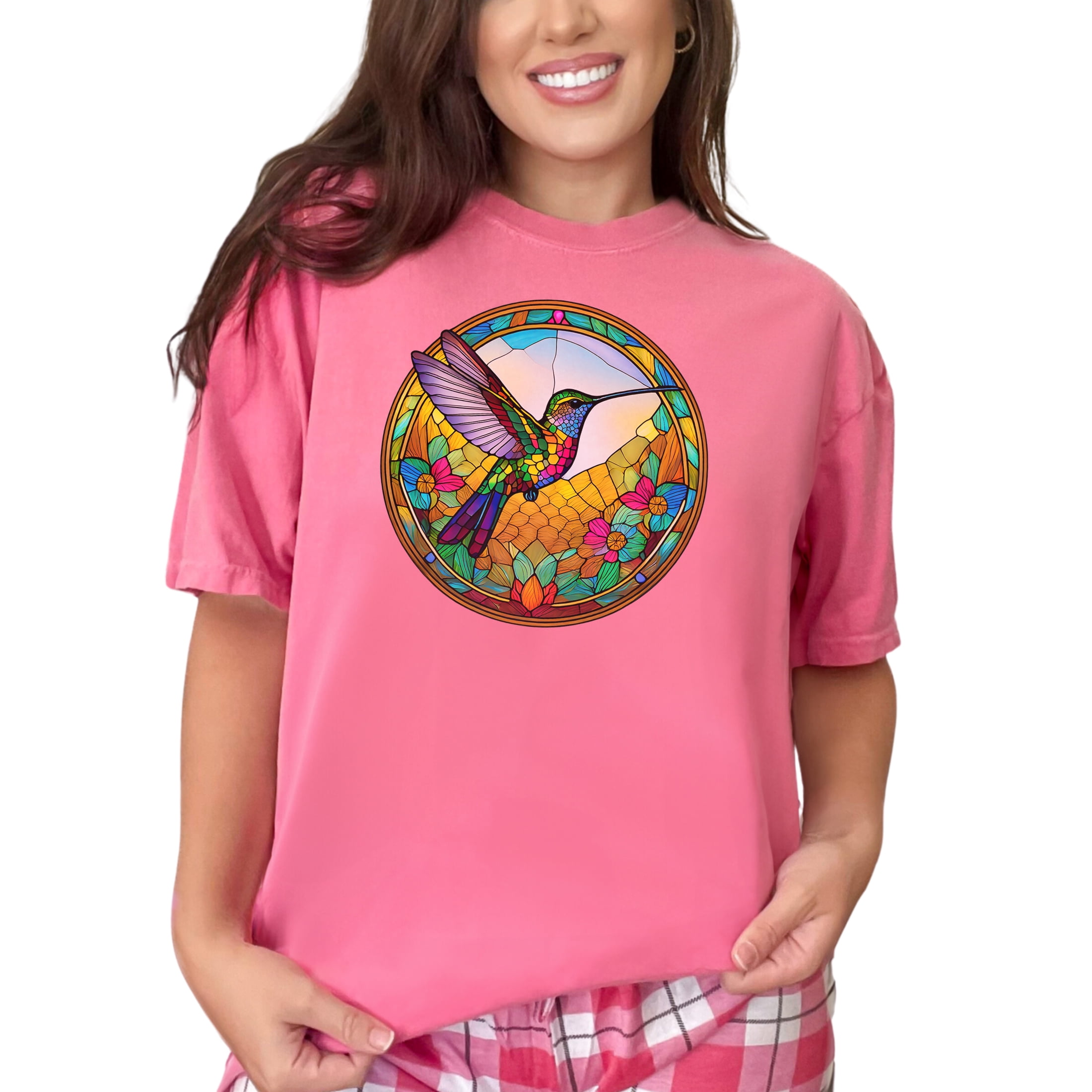 Vibrant hummingbird stained glass art tee, colorful bird design t-shirt ...