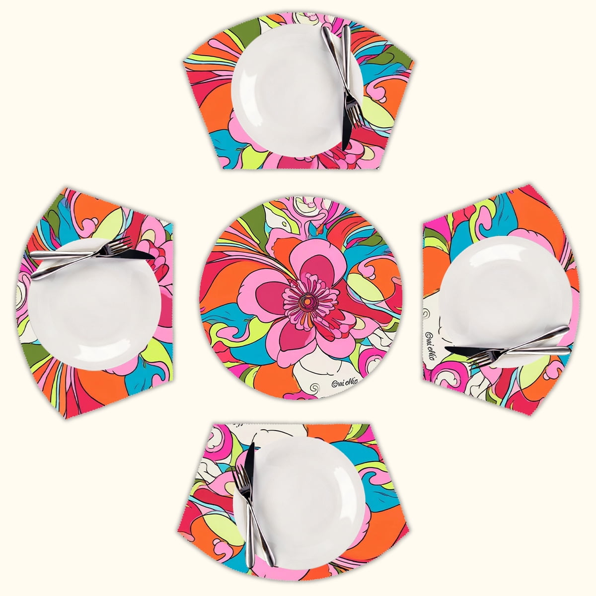 Vibrant psychedelic floral art Round Table Placemats Set Of 5 Wedge ...