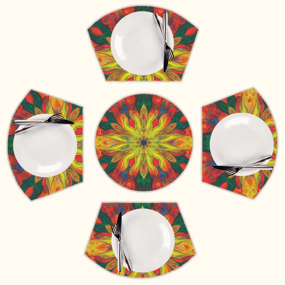 Vibrant psychedelic mandala art Round Table Placemats Set Of 5 Wedge ...