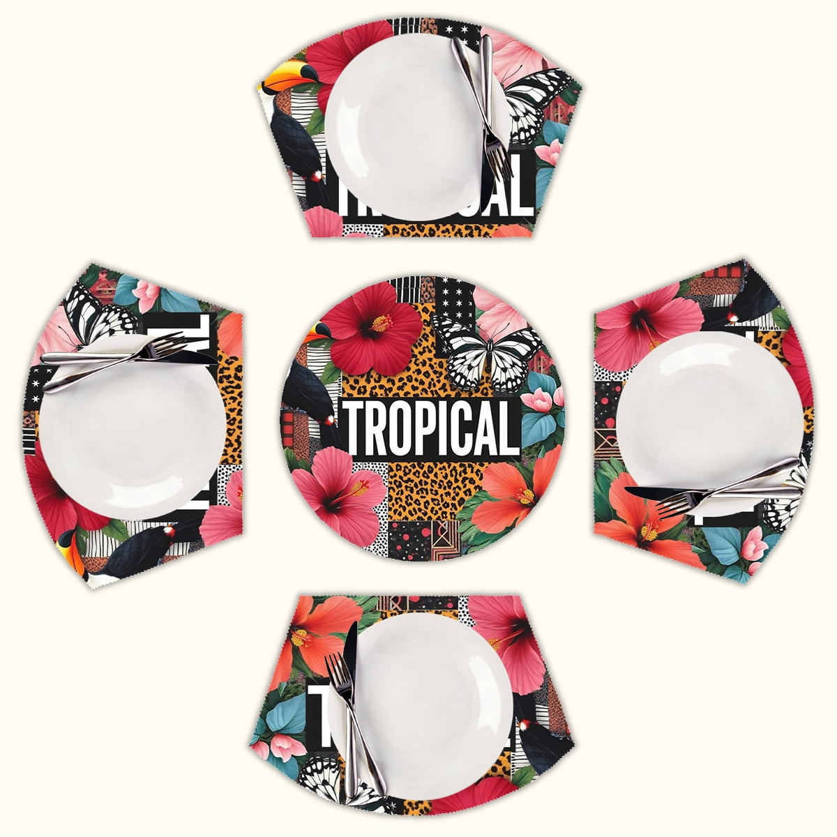 Vibrant tropical floral collage Round Table Placemats Set Of 5 Wedge ...
