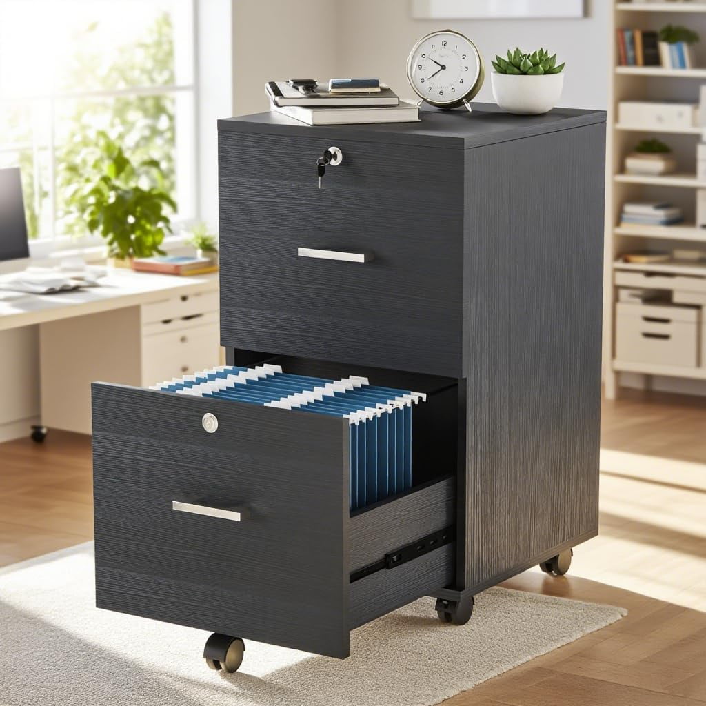 VibrantEcho 2-Drawer File Cabinet with Lock, Small Rolling Wood Filing ...