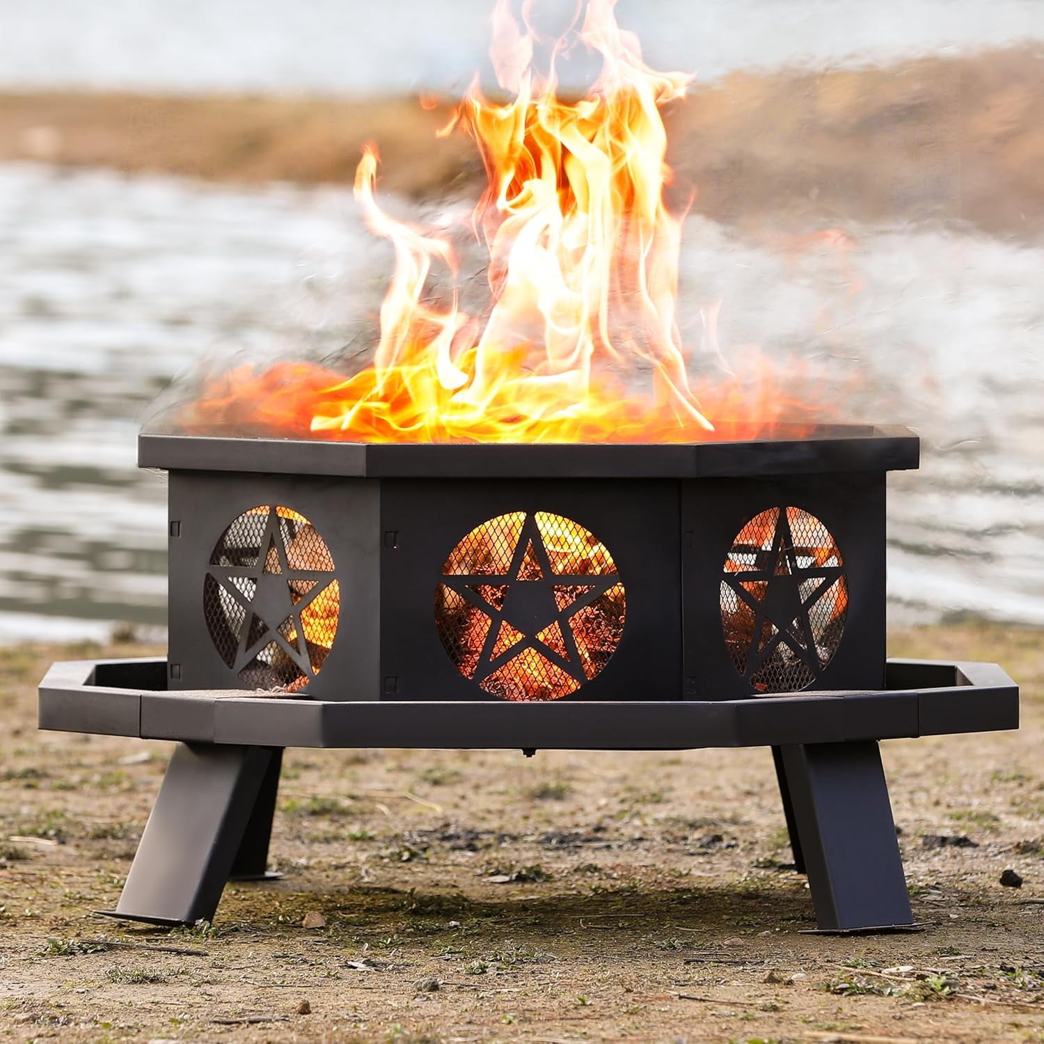 VibrantEcho 26 inch Fire Pit, Outdoor Fire Pit with Fire Poker ...