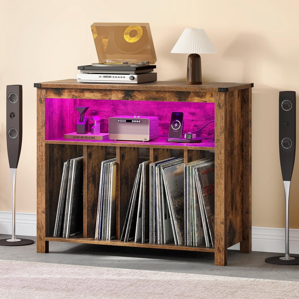 VibrantEcho LED Record Player Stand, Brown Turntable Stand with ...