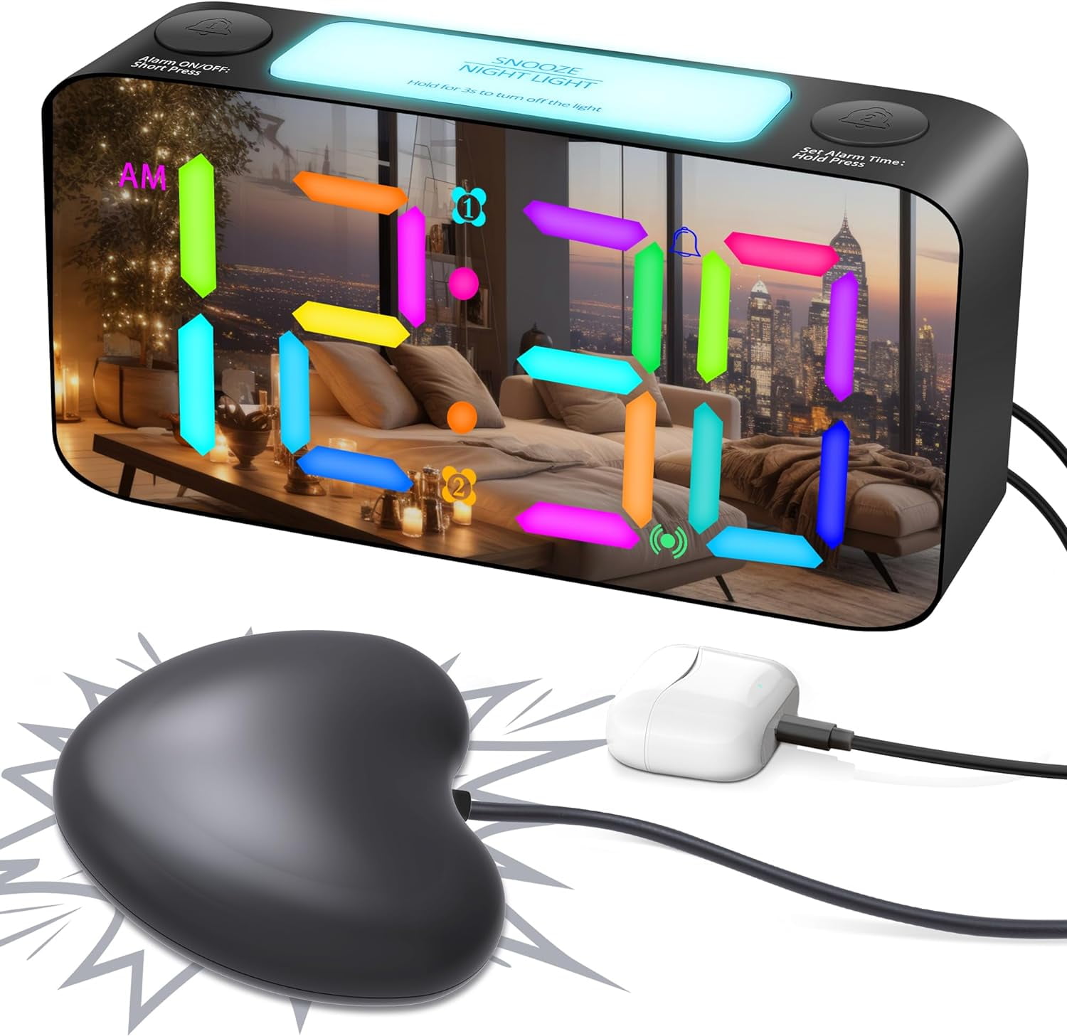 Vibrating Loud Rainbow Alarm Clock with Bed Shaker, 15 RGB Color ...