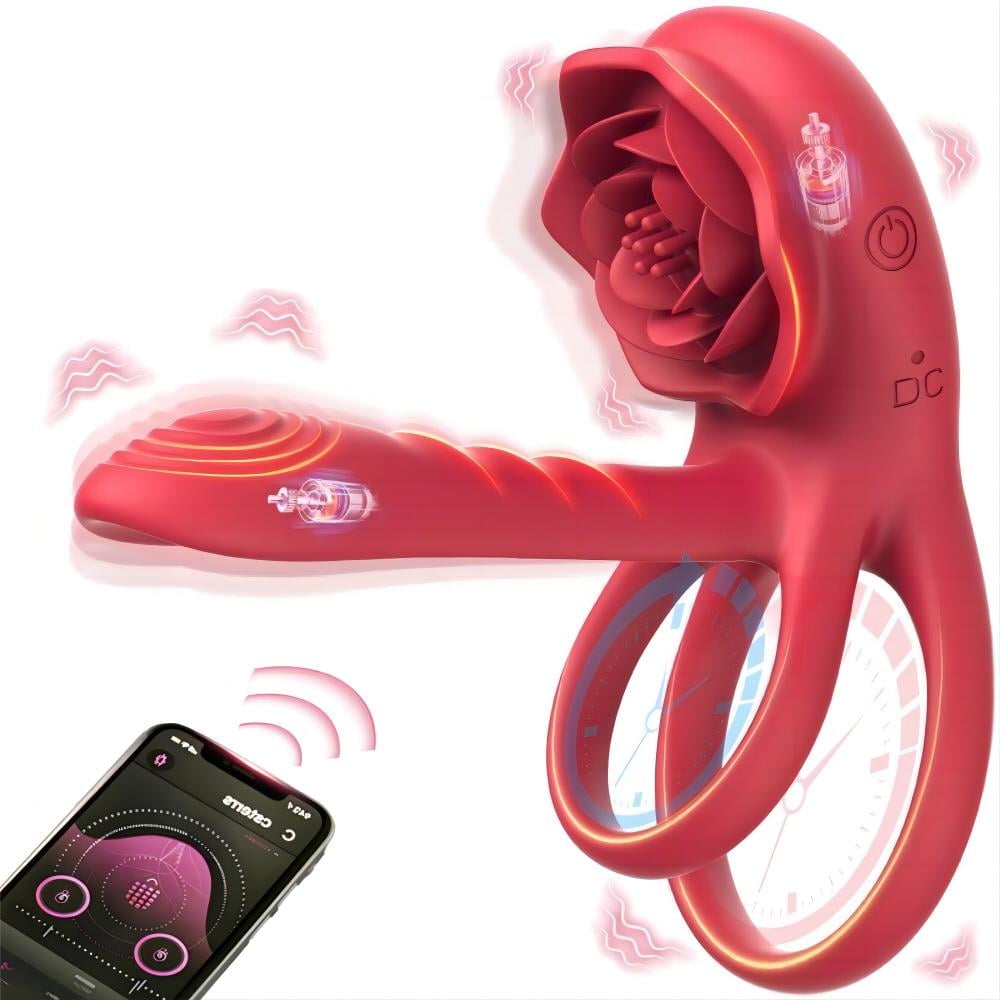 Vibrating Penis Ring with with Rose Vibrator,10 Vibrations Mode APP Remote Control Penis Ring ...