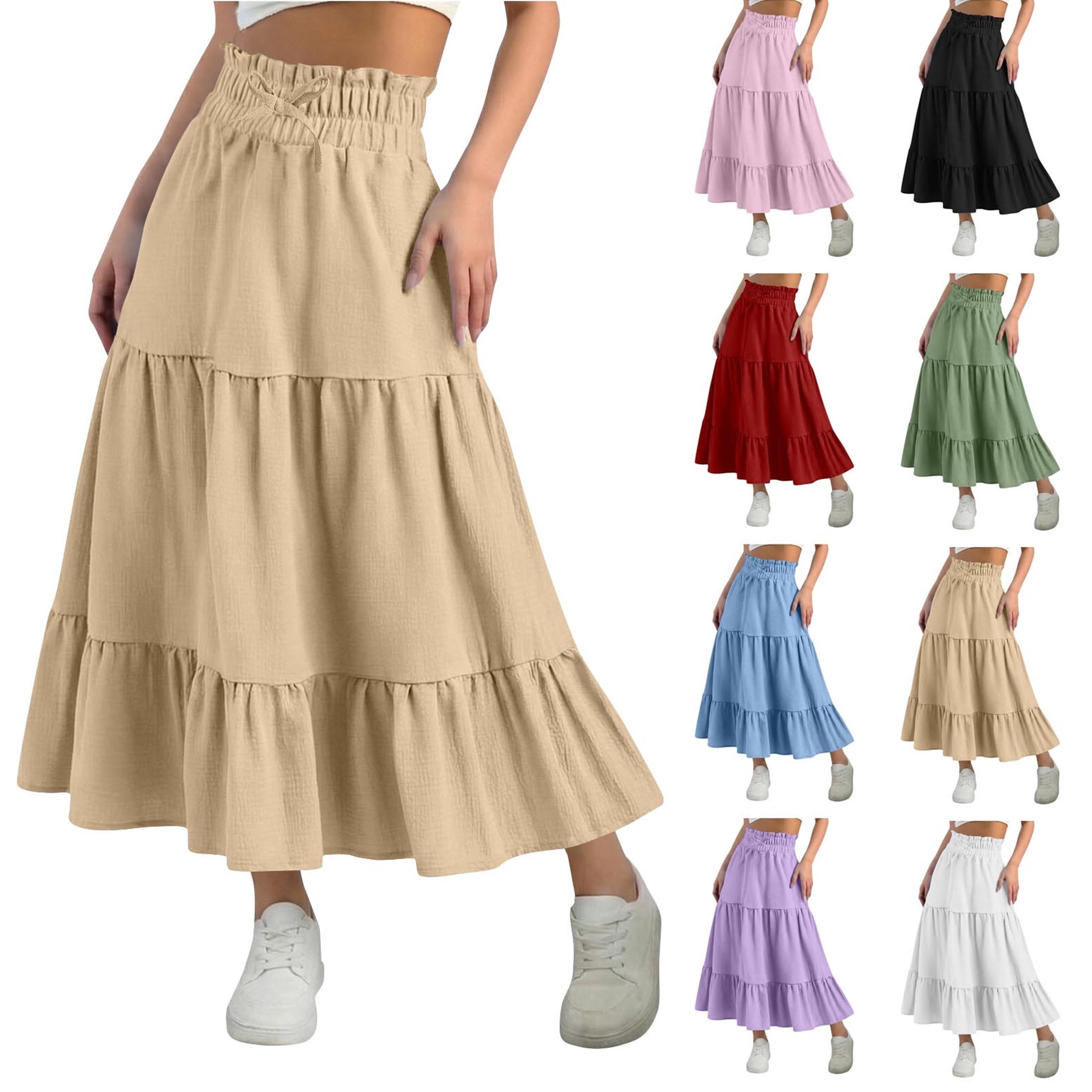 Vibrex Girls Casual Vintage Solid Elastic High Waist Tiered Hem Long ...