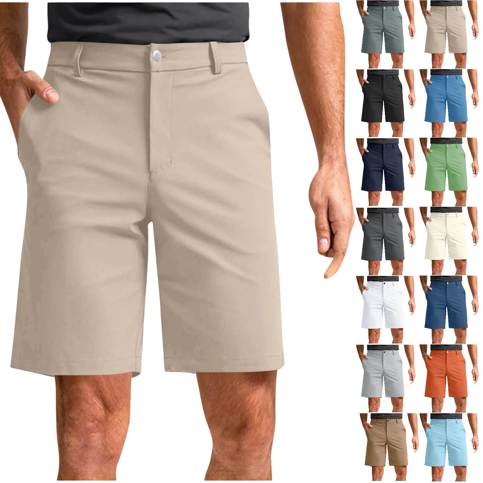 Vibrex Men's Shorts Elastic Waist Straight Buttons Zipper Solid Color ...