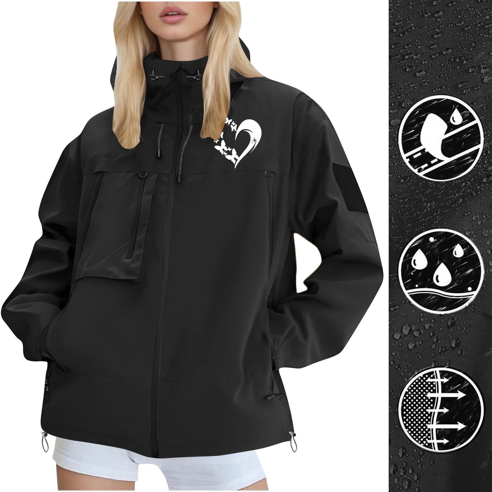 Vibrex Rain Jacket for Women Print Waterproof Lightweight Drawstring ...