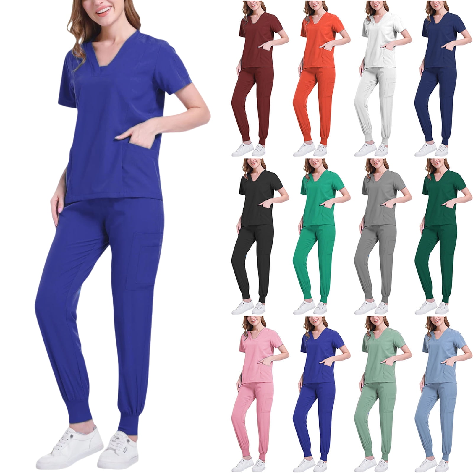 Vibrex Women Scrub Set Stretch Solid Color LooseAnkle Cuff Pants Pocket ...