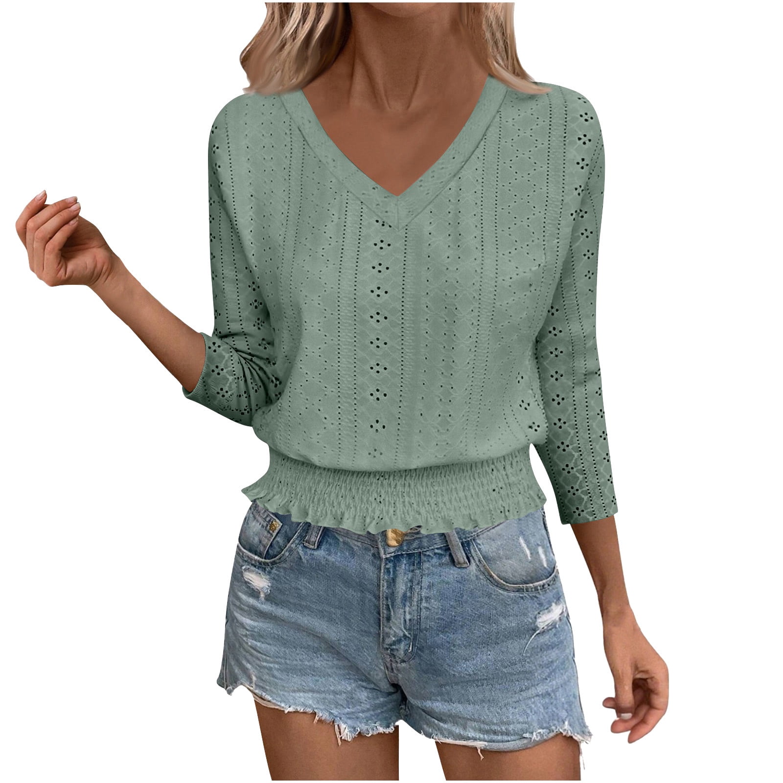 Vibrex Women's V Neck 3/4 Sleeve Tops Casual T Shirts Basic Summer Tees ...