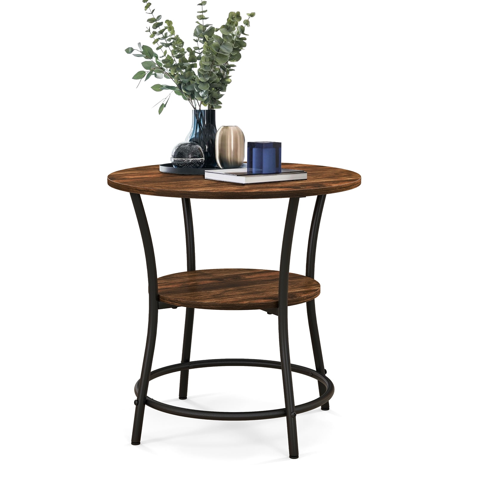 Vicamelia 2-Tier Round Side Table, Metal Frame, Engineered Wood, Brown ...