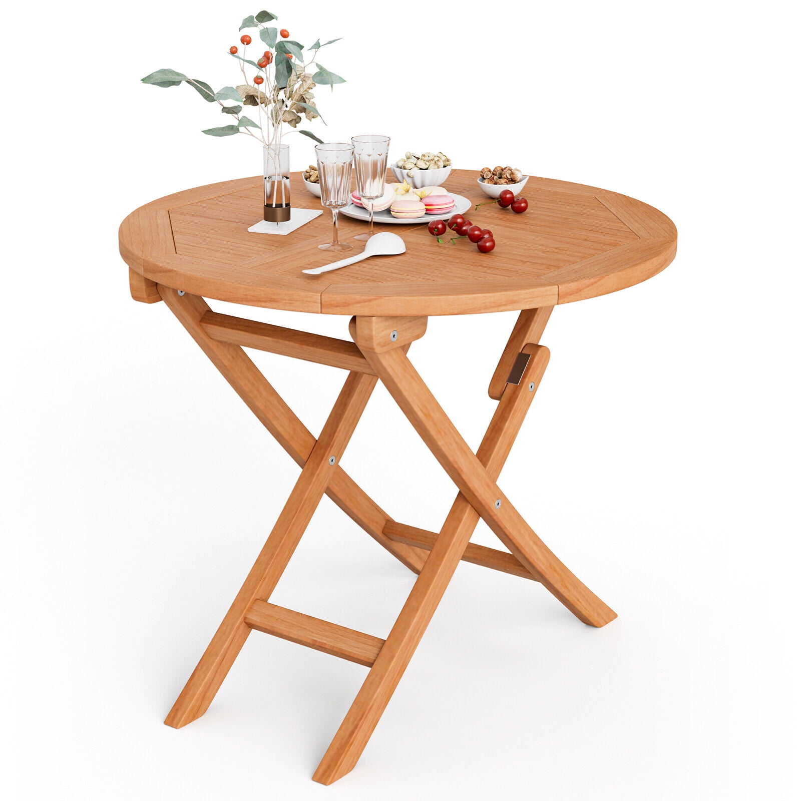 Vicamelia 31.5" Patio Solid Teak Wood Side Table Outdoor Round Folding ...