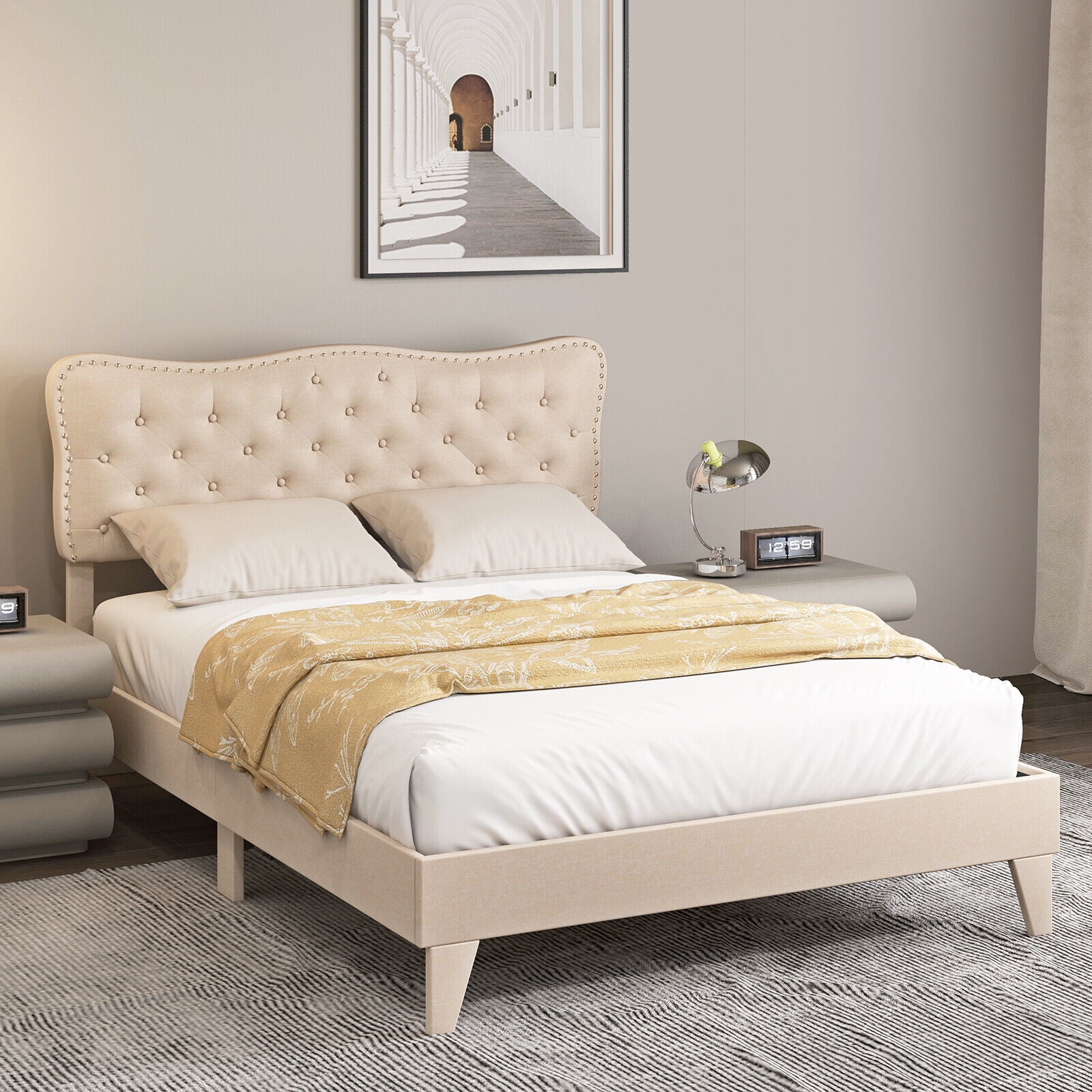Vicamelia Queen Upholstered Linen Fabric Platform Bed Frame with Button ...
