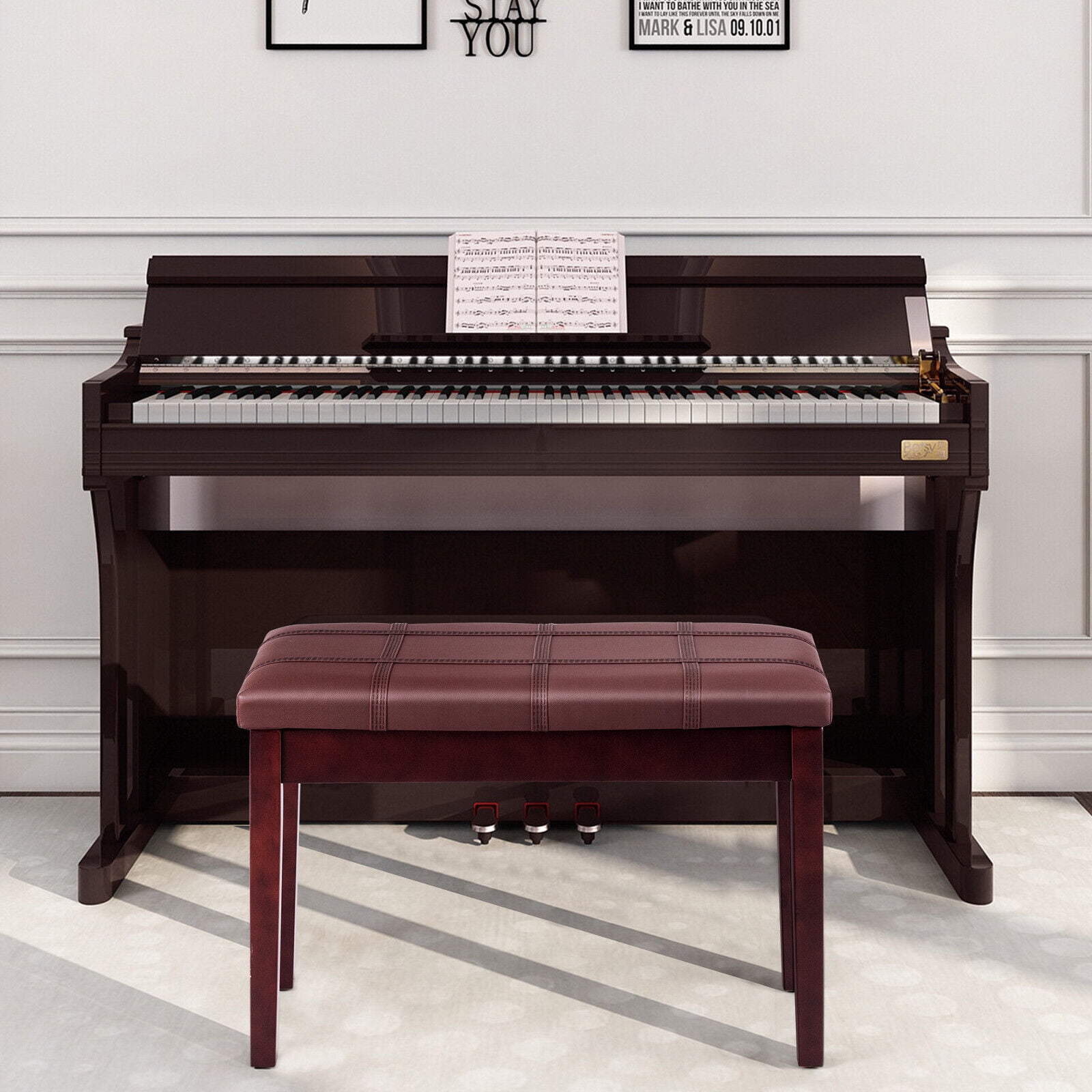 Vicamelia Solid Wood PU Leather Piano Bench Double Duet Piano Stool ...