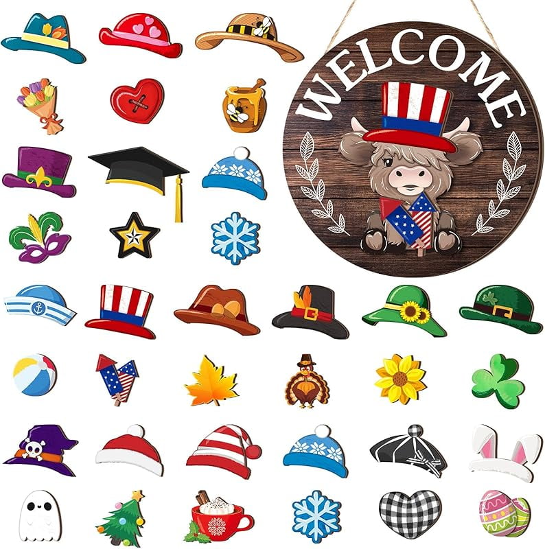 Vicenpal 35 Pcs Patriotic Interchangeable Highland Cow Welcome Sign ...