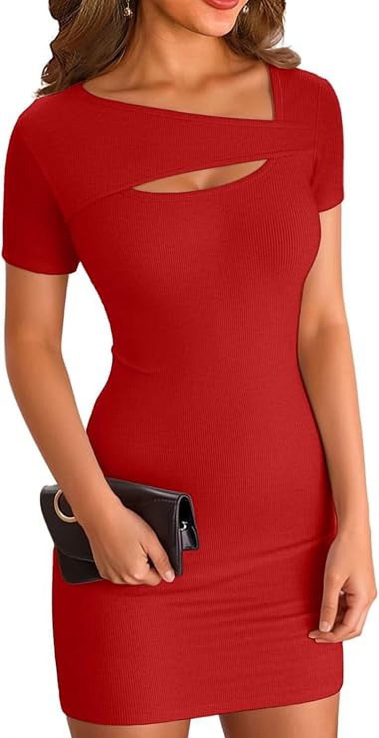 VICHVVY Women's Summer Mini Dress Short Sleeve Square Neck Cut Out Sexy ...