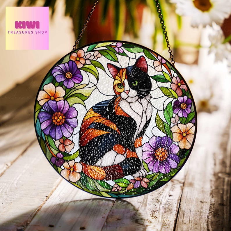 ViciArt Calico Cat Glass Suncatcher, Cat Lover Window Hanging, Floral ...