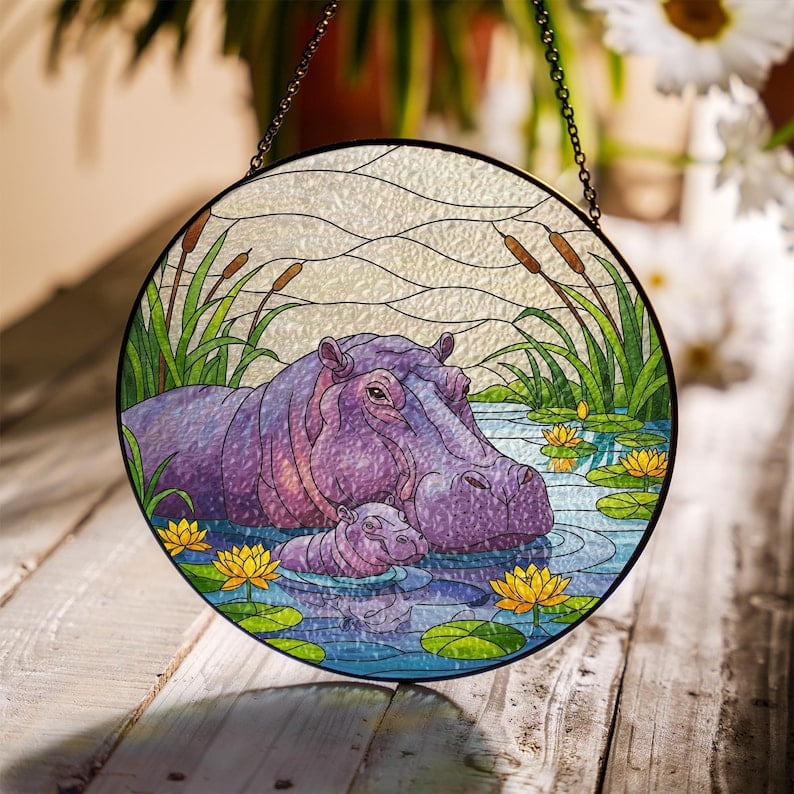 ViciArt Hippo Glass Suncatcher – Mother and Baby Hippo Pond Window ...