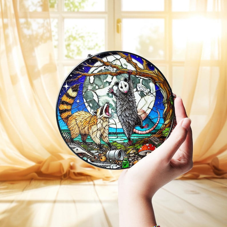 ViciArt Quirky Raccoon and Possum Glass Suncatcher – Animal Window Art ...
