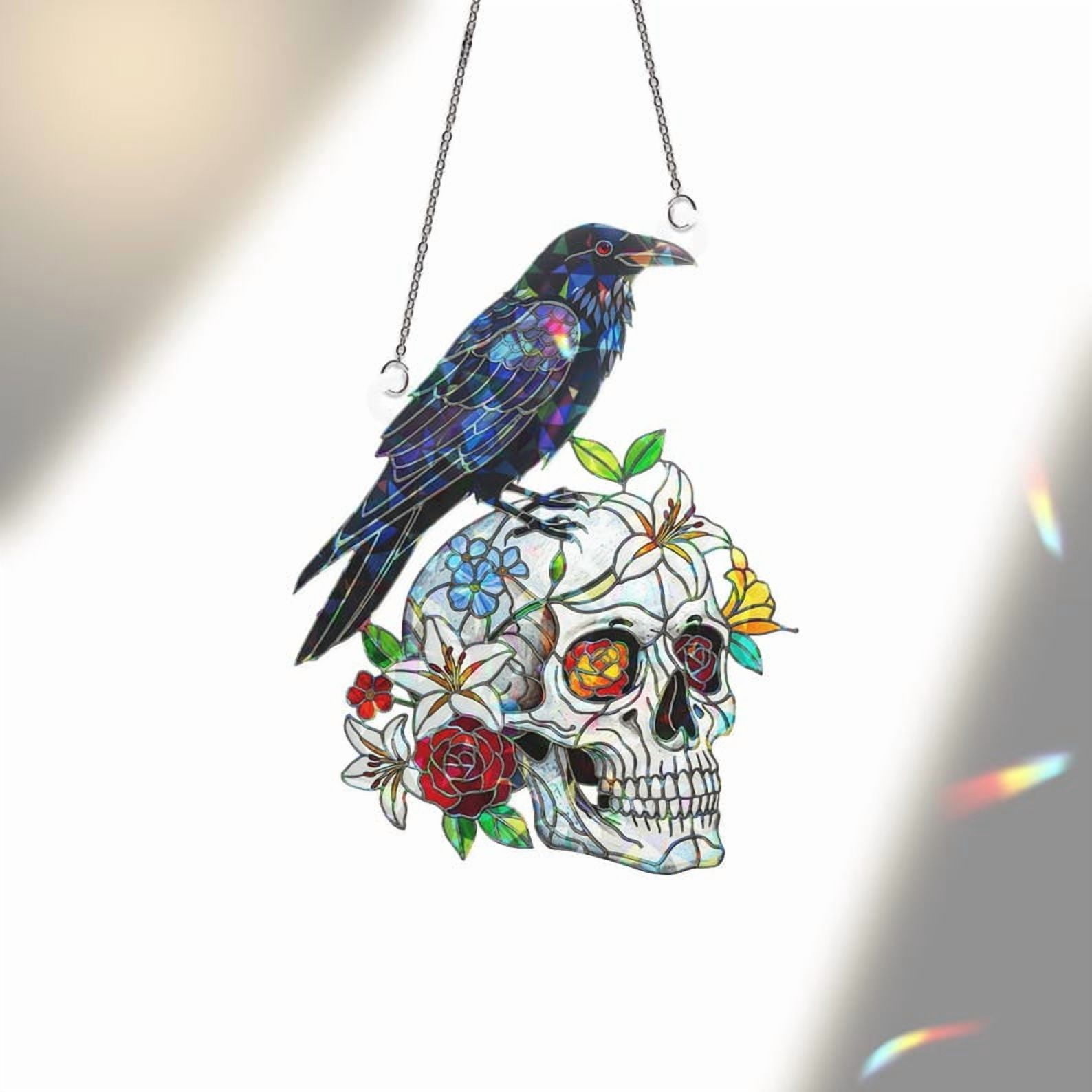 ViciArt Raven & Skull Holographic Acrylic Suncatcher – 6" Faux Stained ...