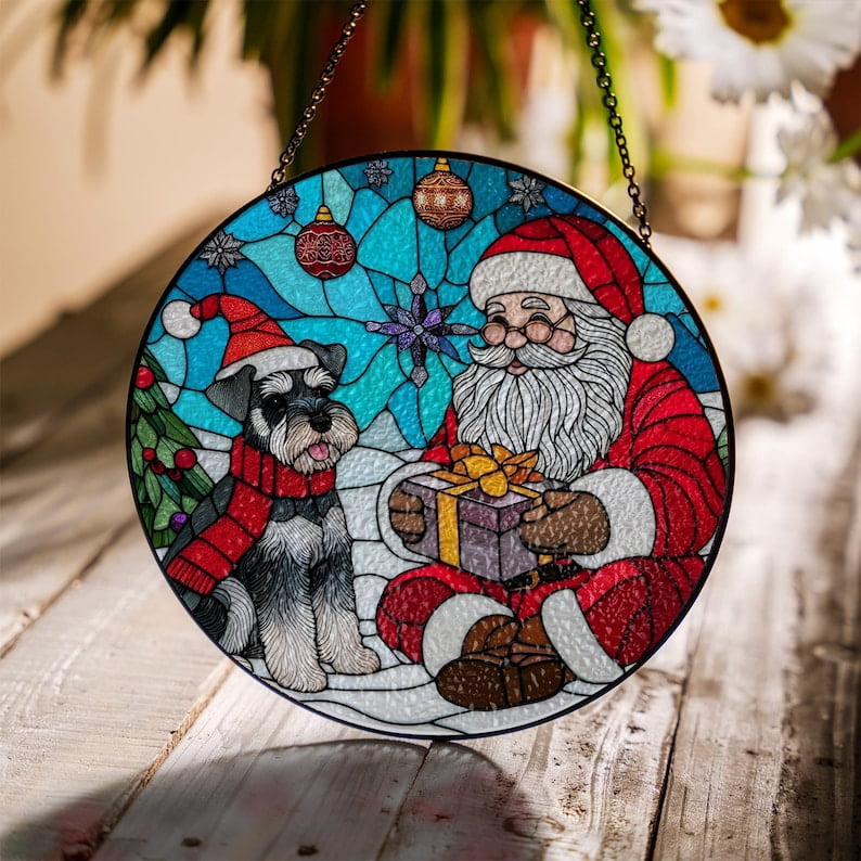 ViciArt Santa Claus & Schnauzer Dog Glass Suncatcher – Christmas Window ...