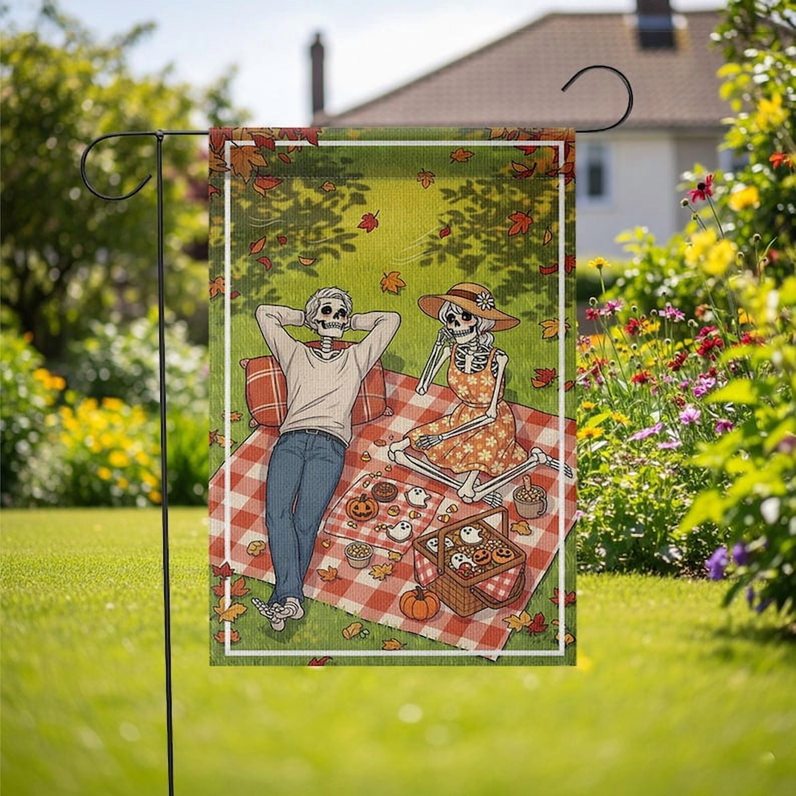 ViciArt Skeleton Picnic Garden Flag – 12”x18” Fall Couple Outdoor Decor ...