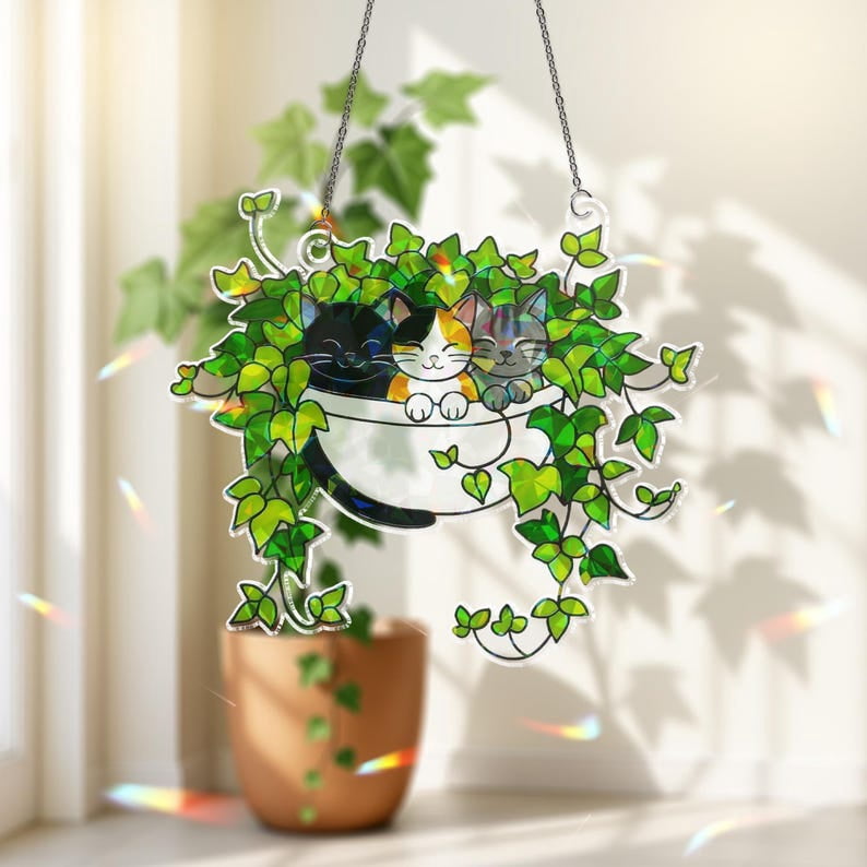 ViciArt Sleeping Cats Suncatcher – 4" Holographic Acrylic Ivy Window ...