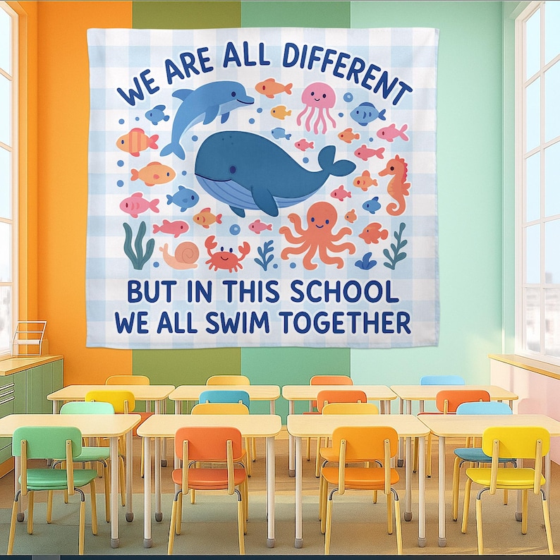 ViciArt We All Swim Together Classroom Banner – 40"x60" Polyester Ocean ...