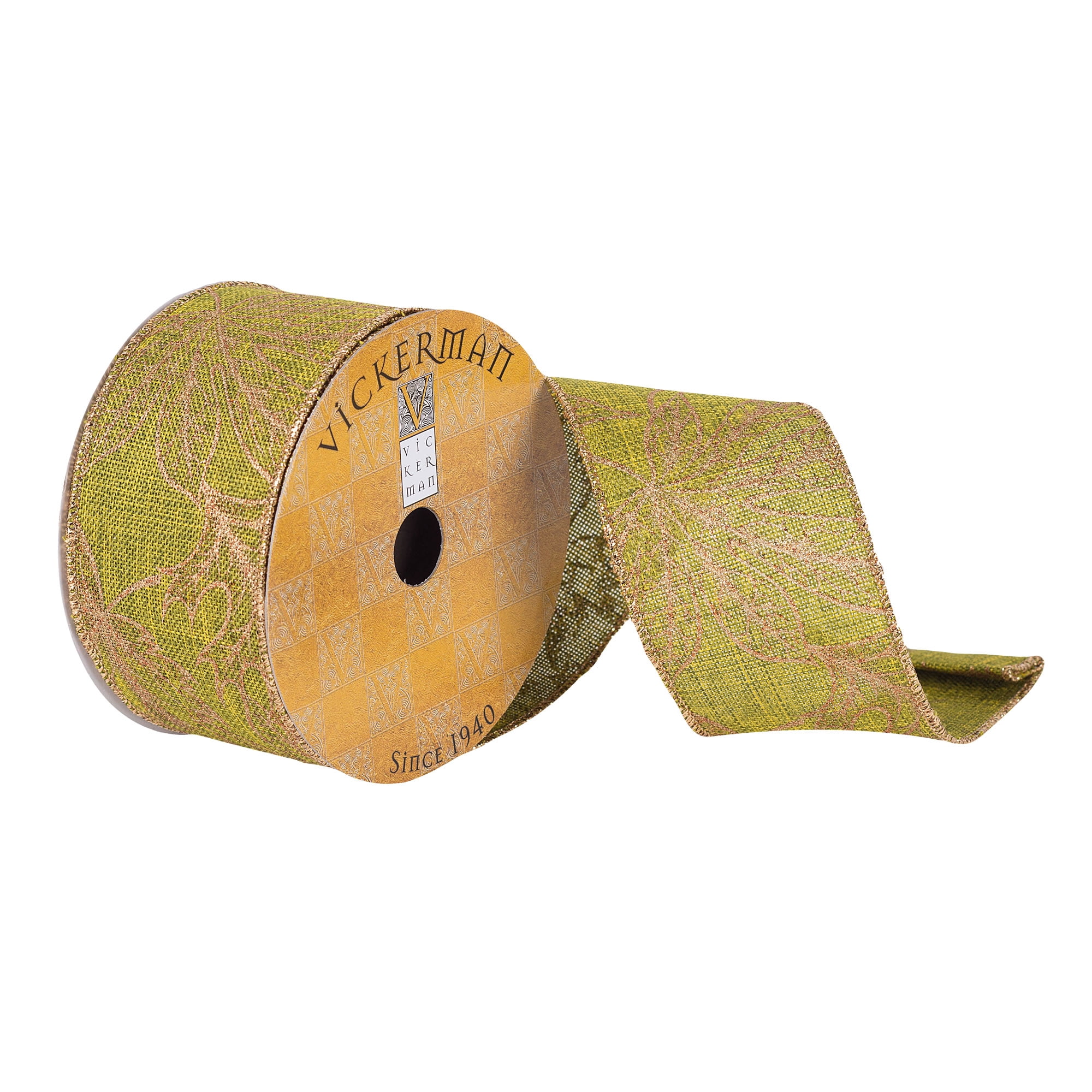 Vickerman 2.5" x 10 Yards Green Dupion Gold Leaves Christmas Ribbon ...