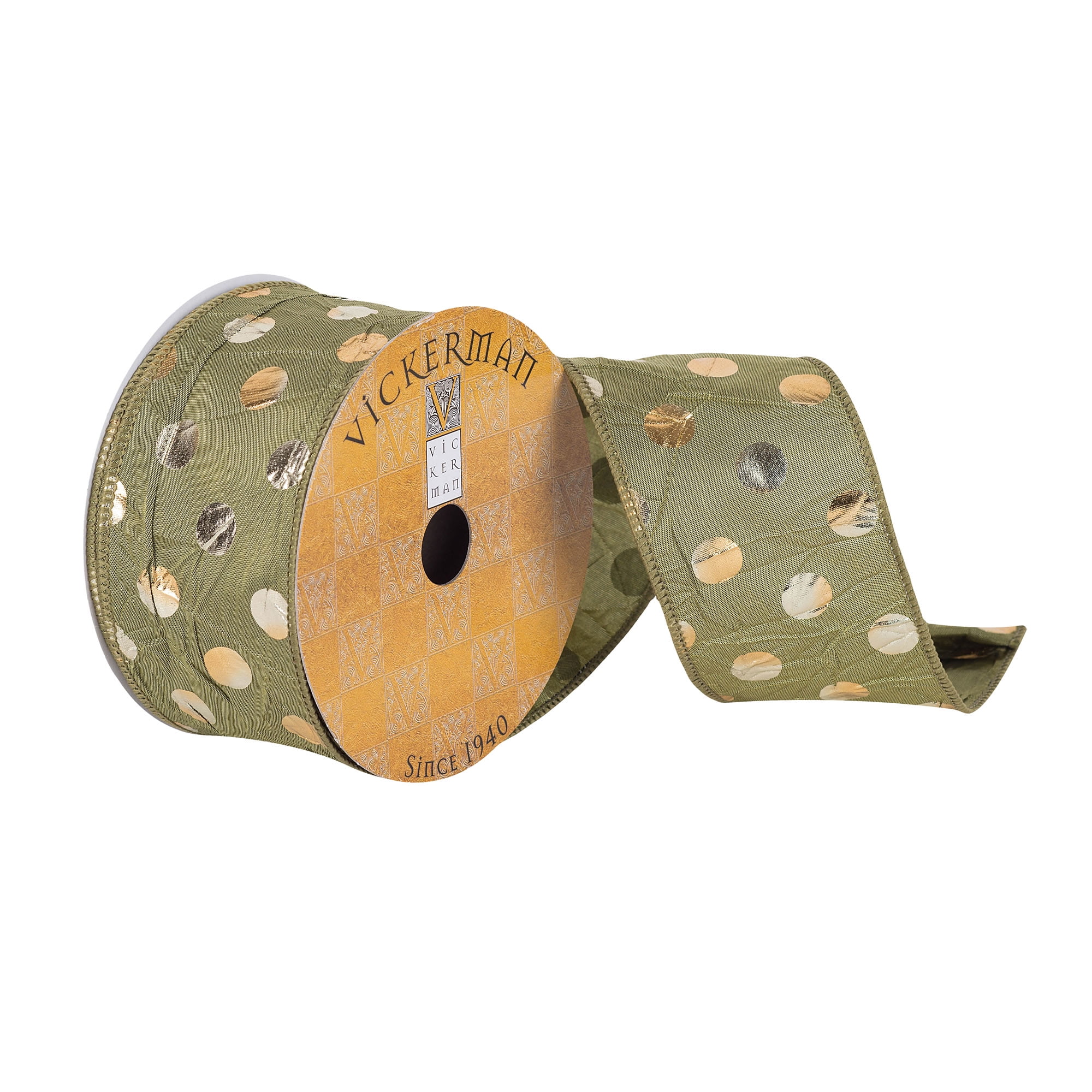 Vickerman 2.5" x 10 Yards Olive Crushed Ribbon with Gold Metallic Dots ...
