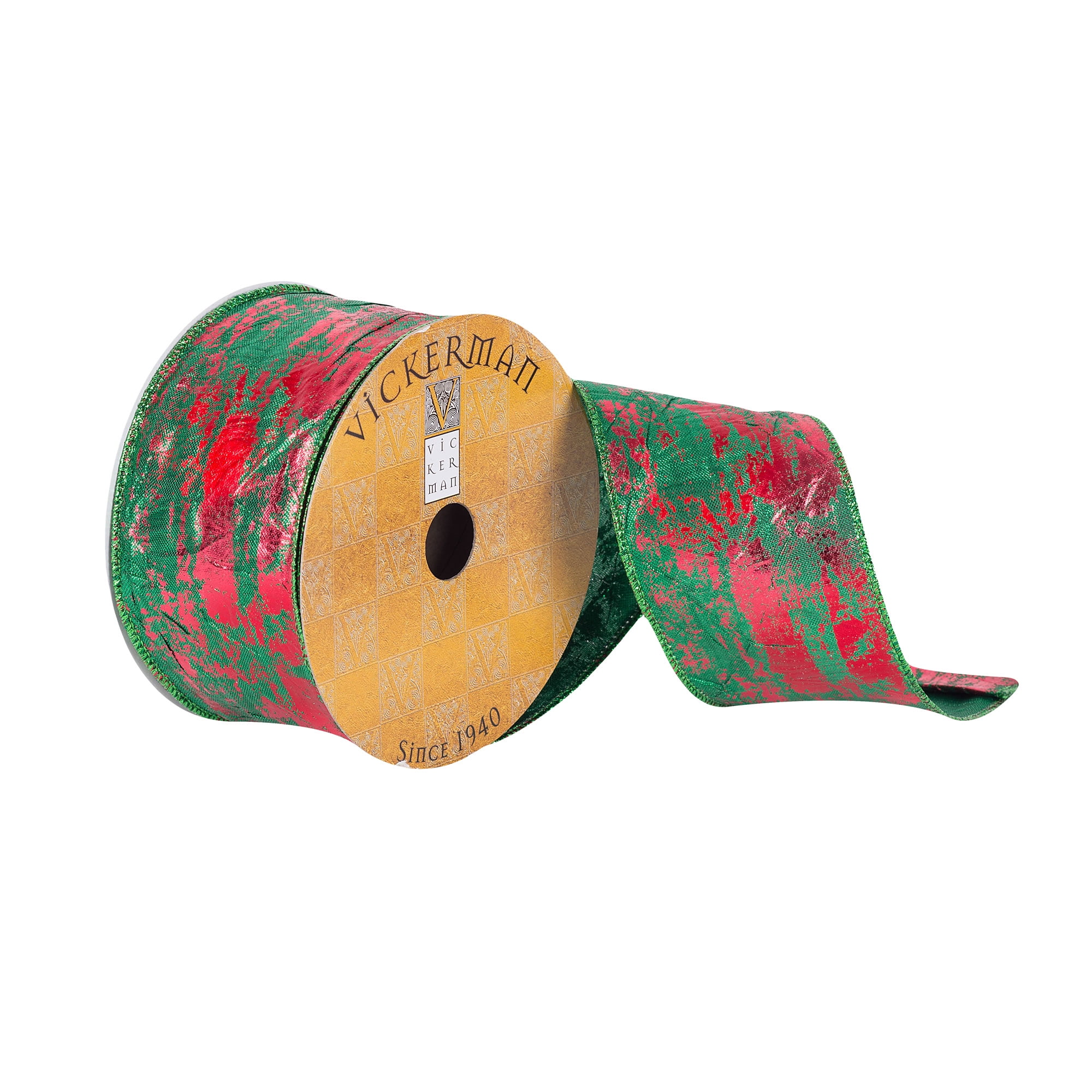 Vickerman 2.5" x 10 yard Green Pressed Metallic Red Christmas Ribbon ...