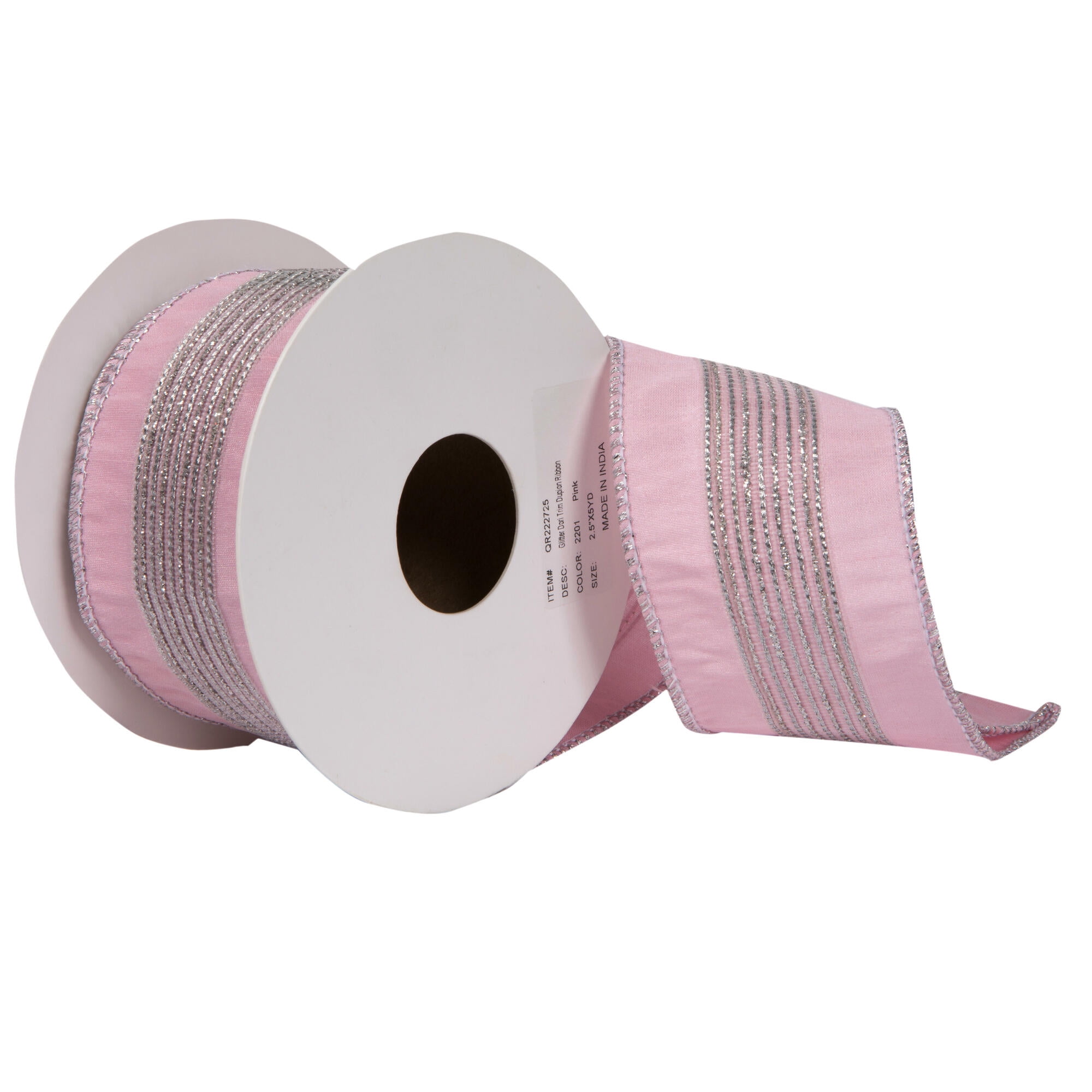 Vickerman 2.5" x 5 Yards Pink Glitter Dori Trim Dupion Ribbon ...