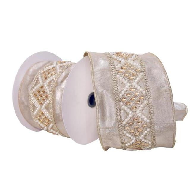 Vickerman 4 in. x 5 Yard Champagne with Pearls & Gold Jewels Wired Edge ...