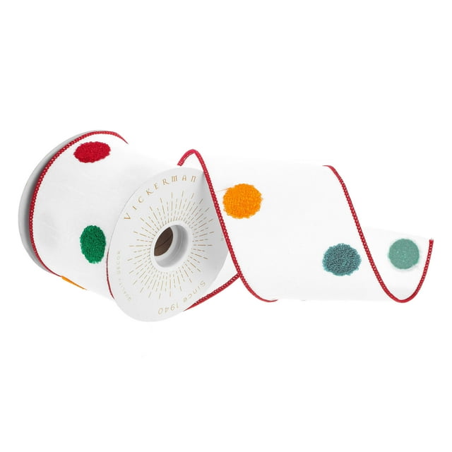 Vickerman 4" x 10 Yards White Fuzzy Dot Wired Edge Christmas Ribbon ...