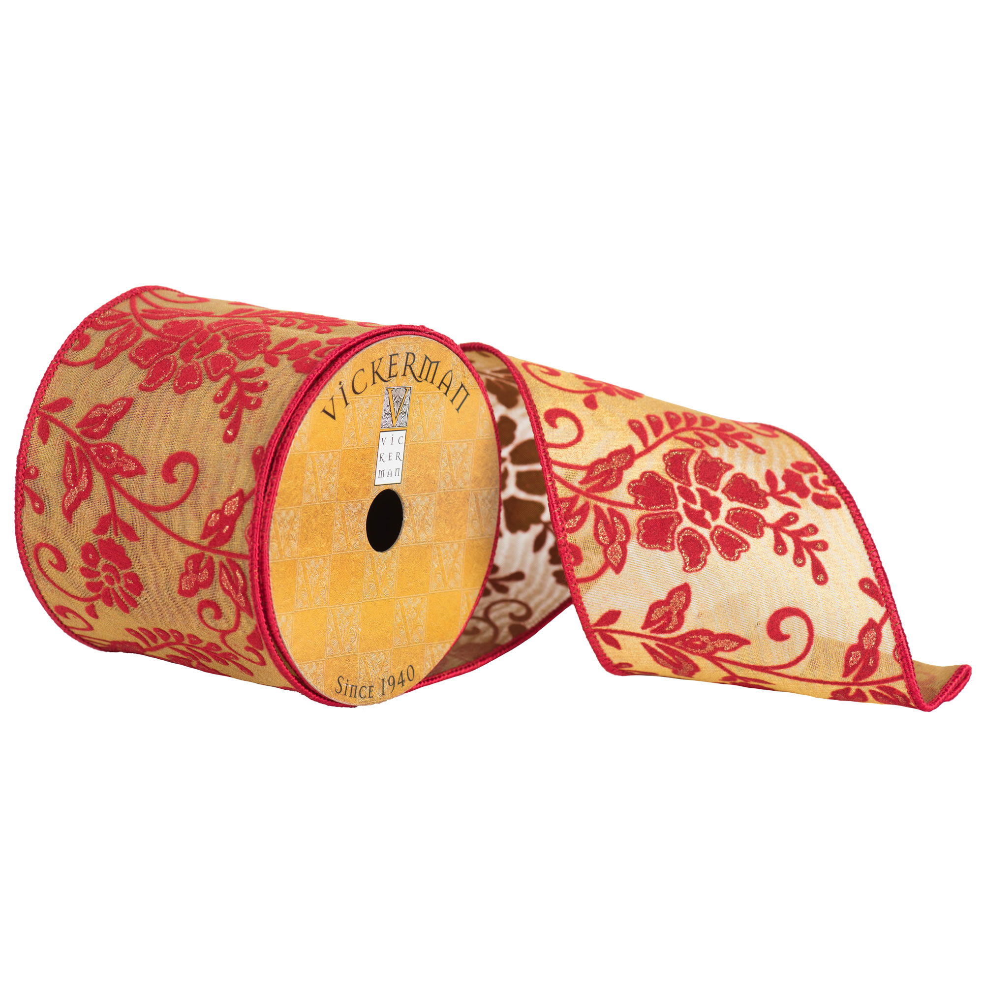 Vickerman 4" x 10yd Sheer Gold Ribbon with Red Flowers and Flock ...