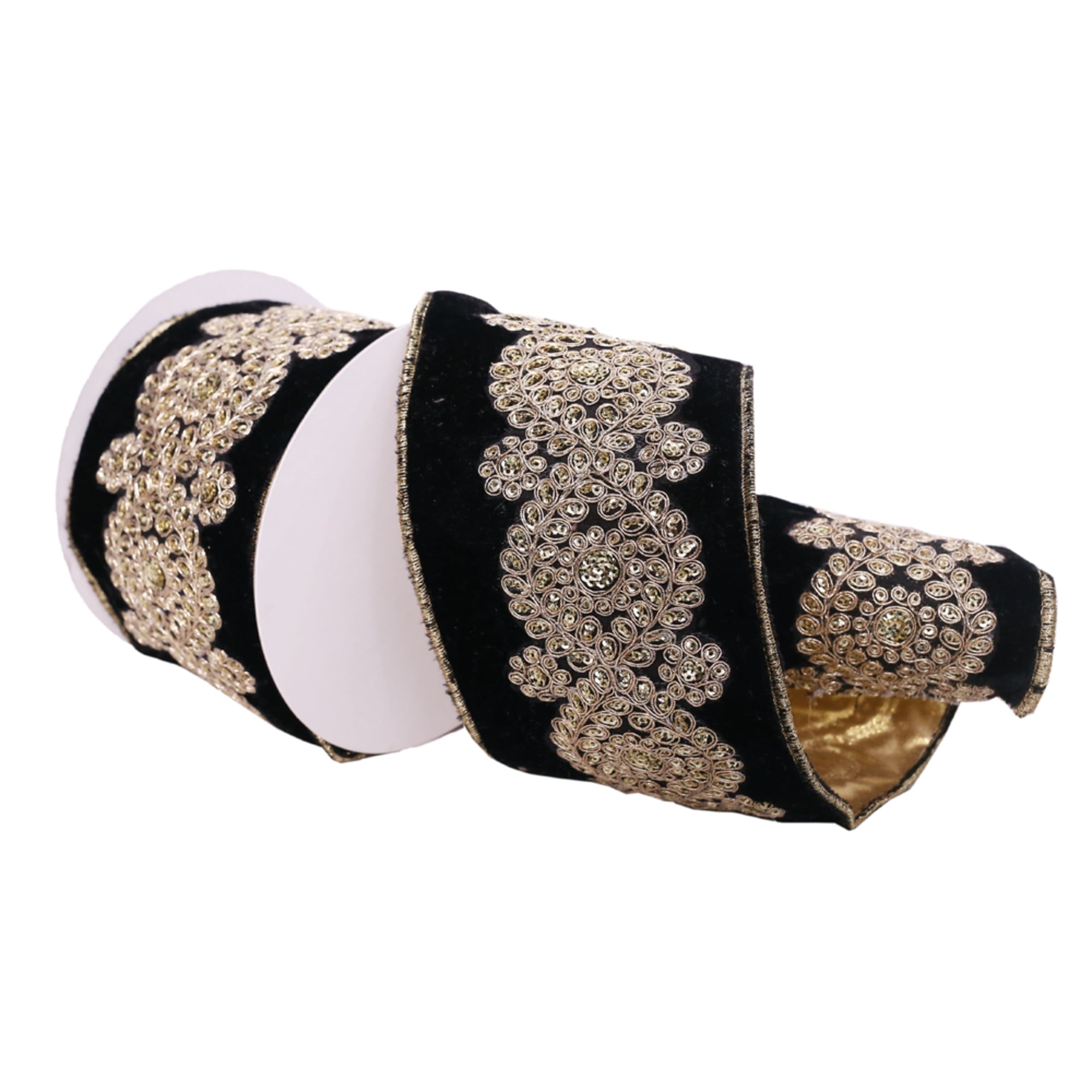 Vickerman 4"x5 Yards Black Velvet Ribbon with Gold Sequin Embroidery ...