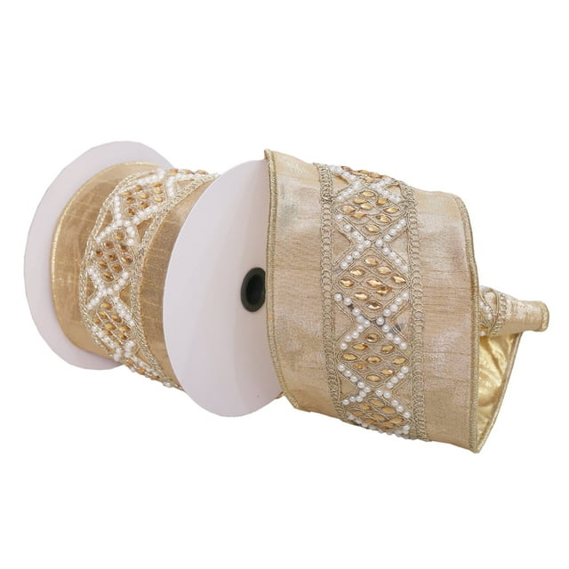 Vickerman 4" x 5 Yards Gold with Pearls and Jewels Wired Edge Christmas ...