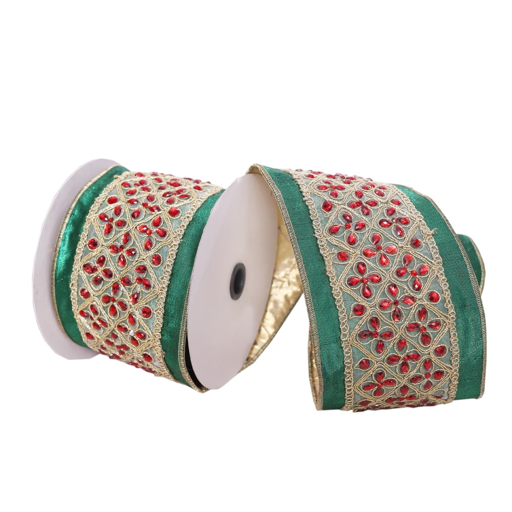 Vickerman 4" x 5 Yards Green with Red Jewels Wired Edge Christmas ...