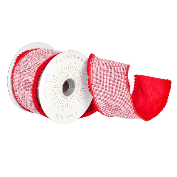 Vickerman 4" x 5 Yards Red Houndstooth Jacq Pom Pom Trim Fused Ribbon ...