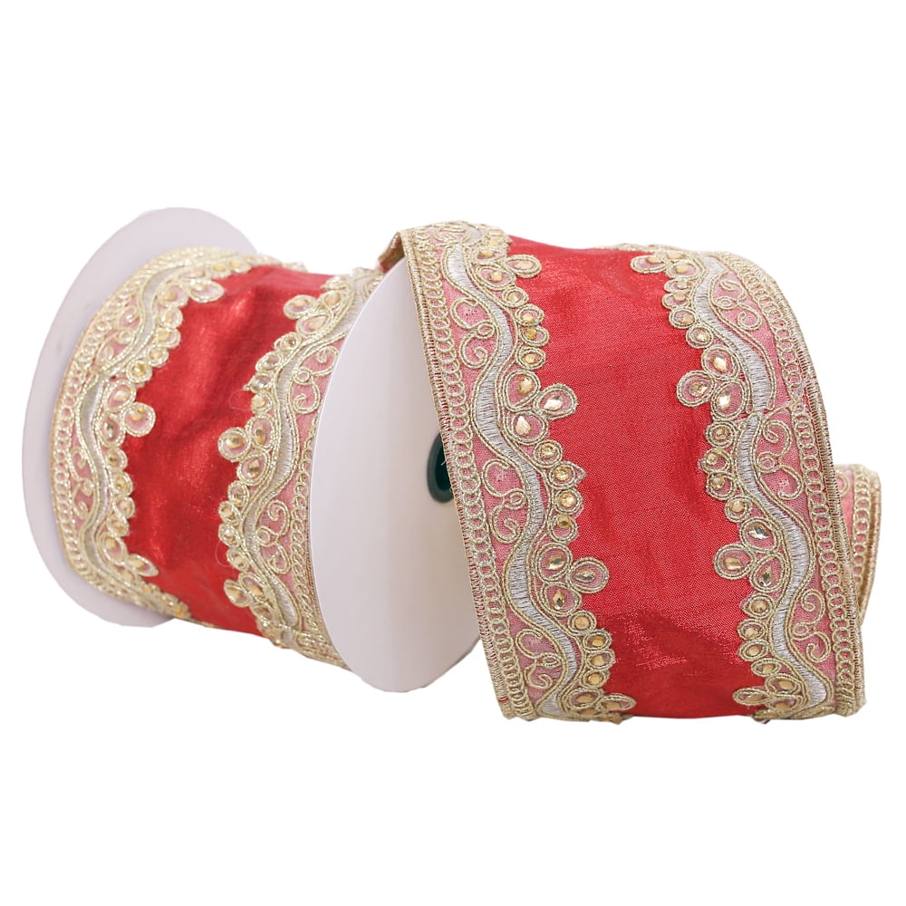 Vickerman 4" x 5 Yards Red with Gold Embroidery Two-Sided Wired Edge ...