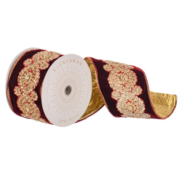 Vickerman 4" x 5 Yards Wine Velvet Ribbon with Light Gold Sequin ...