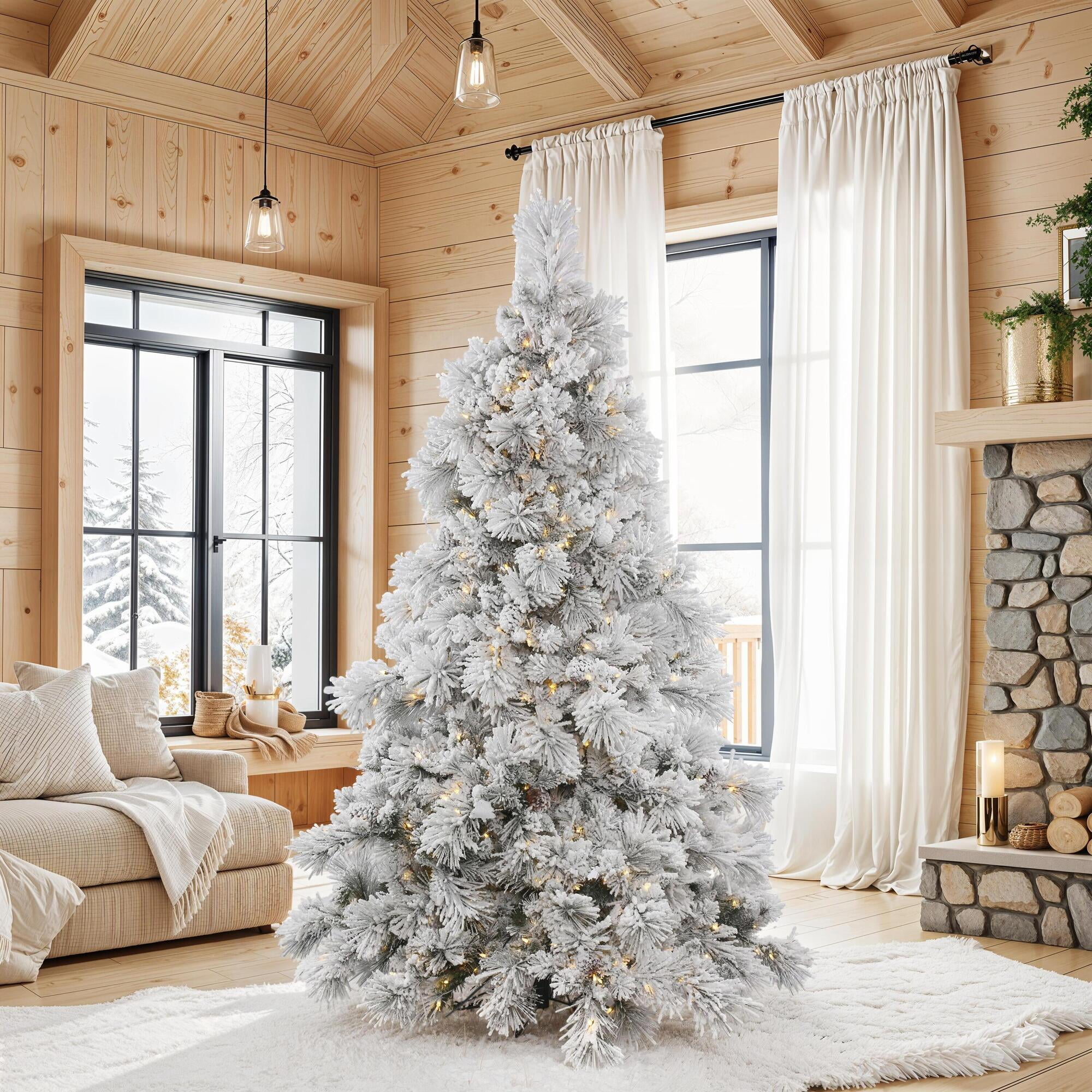 Vickerman 9' Flocked Alberta Artificial Christmas Tree, Warm White LED ...